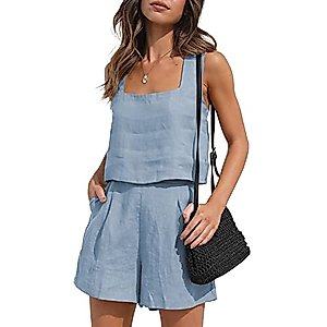 AUTOMET Womens 2 Two Piece Outfits Lounge Matching Sets Casual Y2K Linen Shorts Crop Tops 2023 Trendy Clothes Summer Vacation Outfits