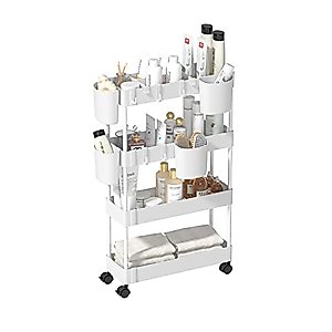 VANDHOME 4-Tier Slim Storage Utility Rolling Cart with Wheels Multifunction Organizer Slide Out Trolley Cart for Kitchen Bathroom Narrow Places with Hanging Cups Dividers - White