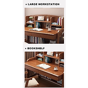 Solid Wood Desk Kids Desks with Drawers and Bookshelf, Height-Adjustable Desk Suit for All Ages, Learning Computer Workstation Writing Desk with Hooks, Study Home Office Desk ( Color : White with chai