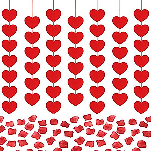 480 Pieces Valentine's Day Decorations Include 80 Red Hearts Felt Garland Felt Heart Hanging Banner and 400 Pieces Artificial Silk Rose Petals for Valentine's Day Wedding Birthday Party Decor