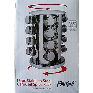 17 Pc Stainless Steel Carousel Spice Rack with Glass Jars