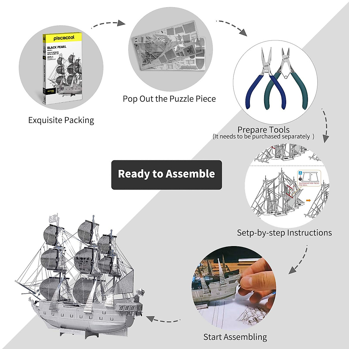 Piececool 3D Puzzle for Adults Metal Model Kits-Black Pearl Pirate Ship DIY 3D Metal Puzzles, Flying Dutchman Model Ship STEM Building Kit Puzzle Toy, Great Birthday Gift Idea-49 Pcs