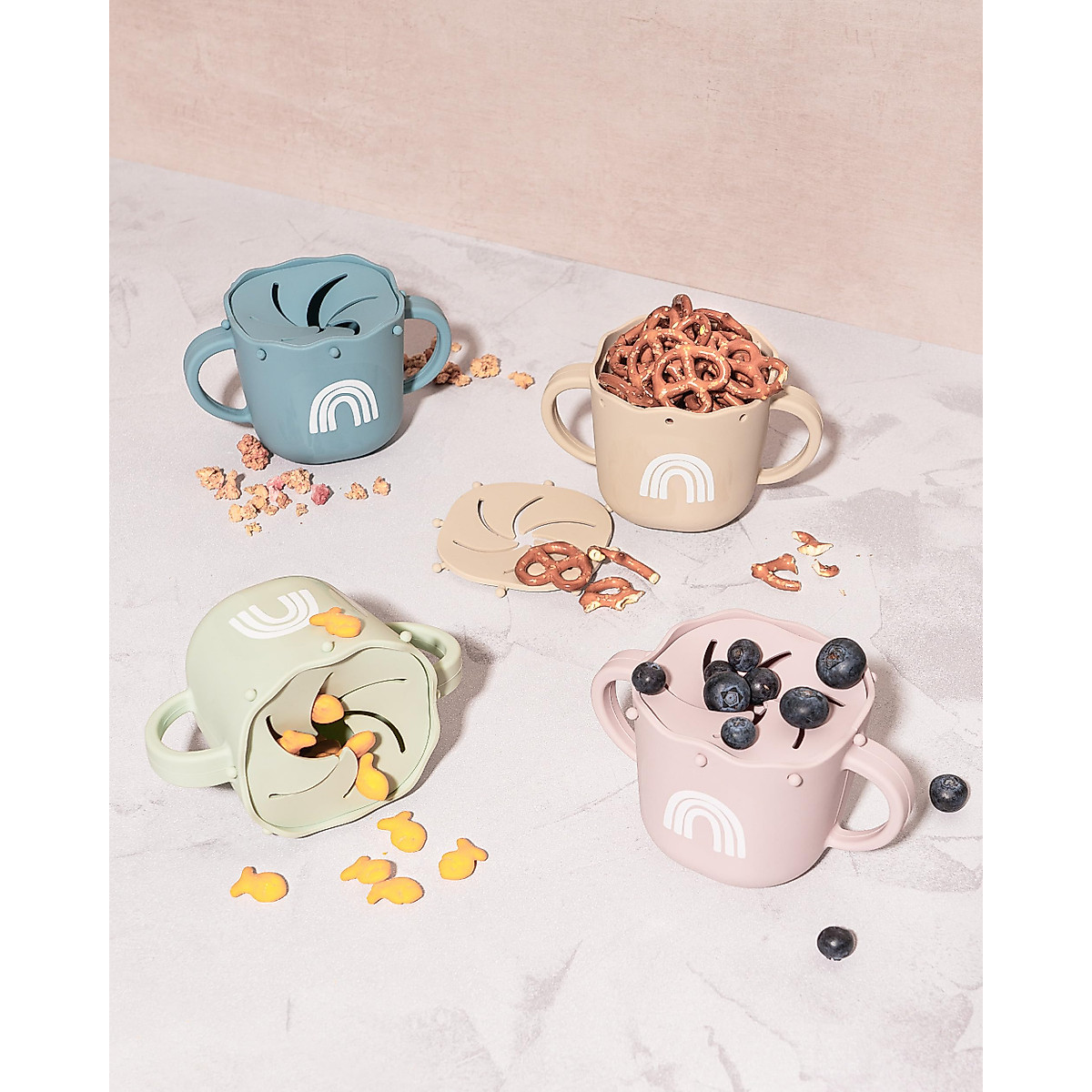 Hippypotamus Snack Cups for Toddlers - Spill Proof - 100% Food-Grade Silicone Snack Containers for Baby - Set of 2 (Sage/Fog)