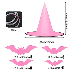 Whaline 14Pcs Halloween Pink Witch Hat with 109 Yards Hanging Rope 32Pcs 3D Bat Stickers Scary Witch Cap Halloween Hanging Decoration for Halloween Home Inside Outside Garden Yard Lawn Decoration