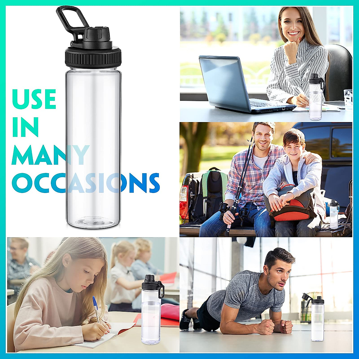 Raiten 24 oz Clear Plastic Sports Water Bottle with Spout Lid, 12 Pack, Bulk, 24 oz