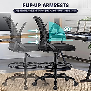KERDOM Drafting Chair Tall Office Chair Ergonomic Computer Standing Desk Chair Swivel Work Chair with Flip-up Armrests and Adjustable Footrest Ring (933Z Black)