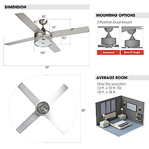Parrot Uncle Ceiling Fans with Lights and Remote 52 Inch Bedroom Ceiling Fan with Lights Modern Outdoor Ceiling Fans for Covered Patios, Brushed Nickel