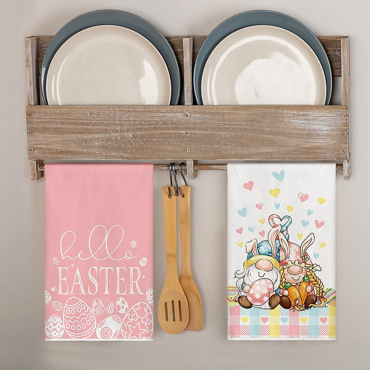 Artoid Mode Gnome Bunny Rabbit Eggs Pink Hello Easter Kitchen Towels Dish Towels, 18x26 Inch Seasonal Spring Decoration Hand Towels Set of 2