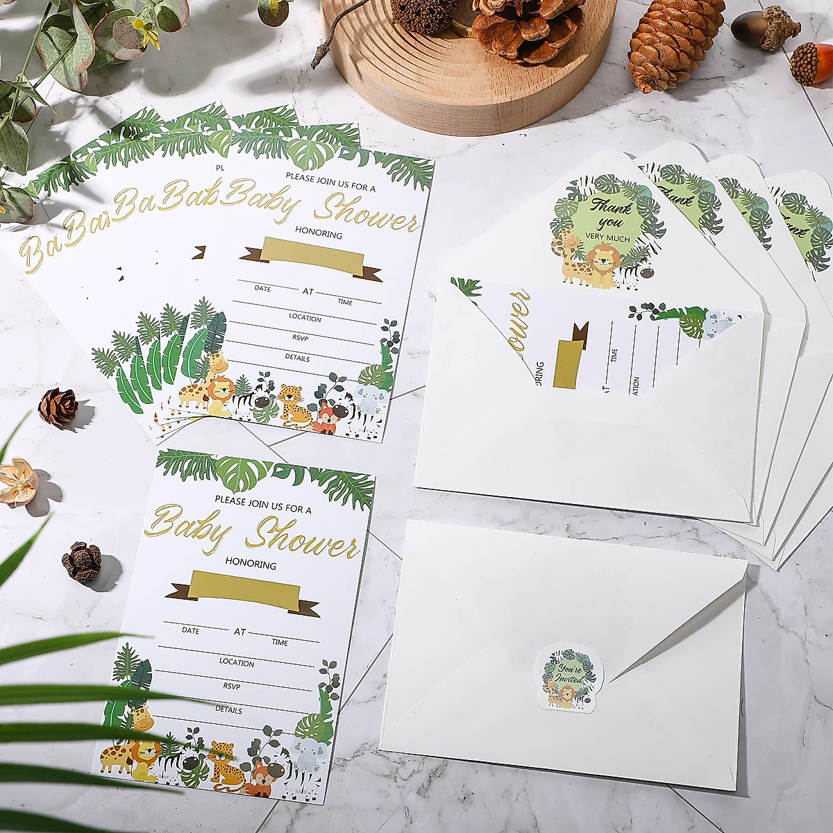 Fumete 50 Sets Woodland Baby Shower Invitations, Diaper Raffle Tickets, Baby Shower Book Request Cards with Envelopes, Invited Stickers Jungle for Baby Shower Boy