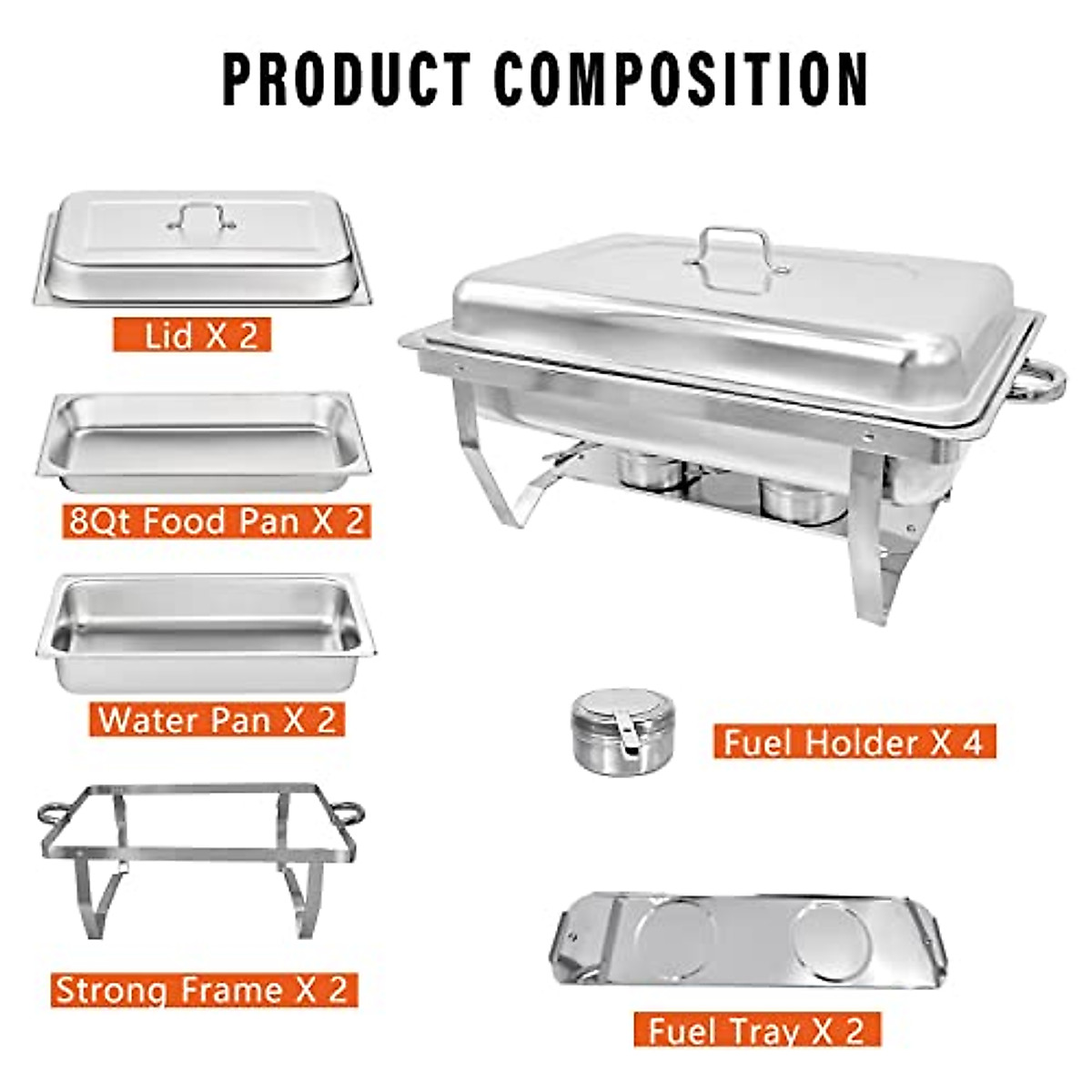 JSTUOKE Chafing Dish Buffet Set, 8QT 2 Pack, Stainless Steel Chafer, Rectangle Catering Warmer Server w/Lid Water Pan Folding Stand Fuel Tray Holder Spoon Clip, Each Serves 8 People Minimum
