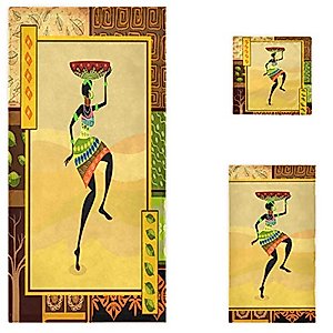 Naanle Ethnic African Woman Soft Luxury Decorative Set of 3 Towels, 1 Bath Towel+1 Hand Towel+1 Washcloth, Multipurpose for Bathroom, Hotel, Gym, Spa and Kitchen