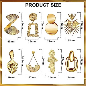Thunaraz 8 Pairs Gold Statement Earrings for Women 14K Gold Plated Exaggerated Geometric Big Disc Drop Earrings Stylish Ginkgo Leaf Heart Dangle Earrings Jewelry Gifts Stylish Design
