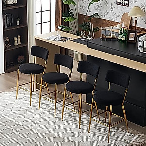 RIGHTPARTS Boucle Bar Stools Set of 2, 24 inch Modern Counter Height Bar Stools, Kitchen Island Stool Dining Chairs Tall Barstools with Backrest Fabric Upholstered Padded Metal Legs (2, Black 01)