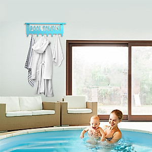 Kuhome Pool Towel Racks with Shelf Outdoor Pool Decor Wall Mount Towel Hooks Towel Holder with 8 Hooks Blue Towel Storage Hanger Organizer for Bathroom Pool Accessories