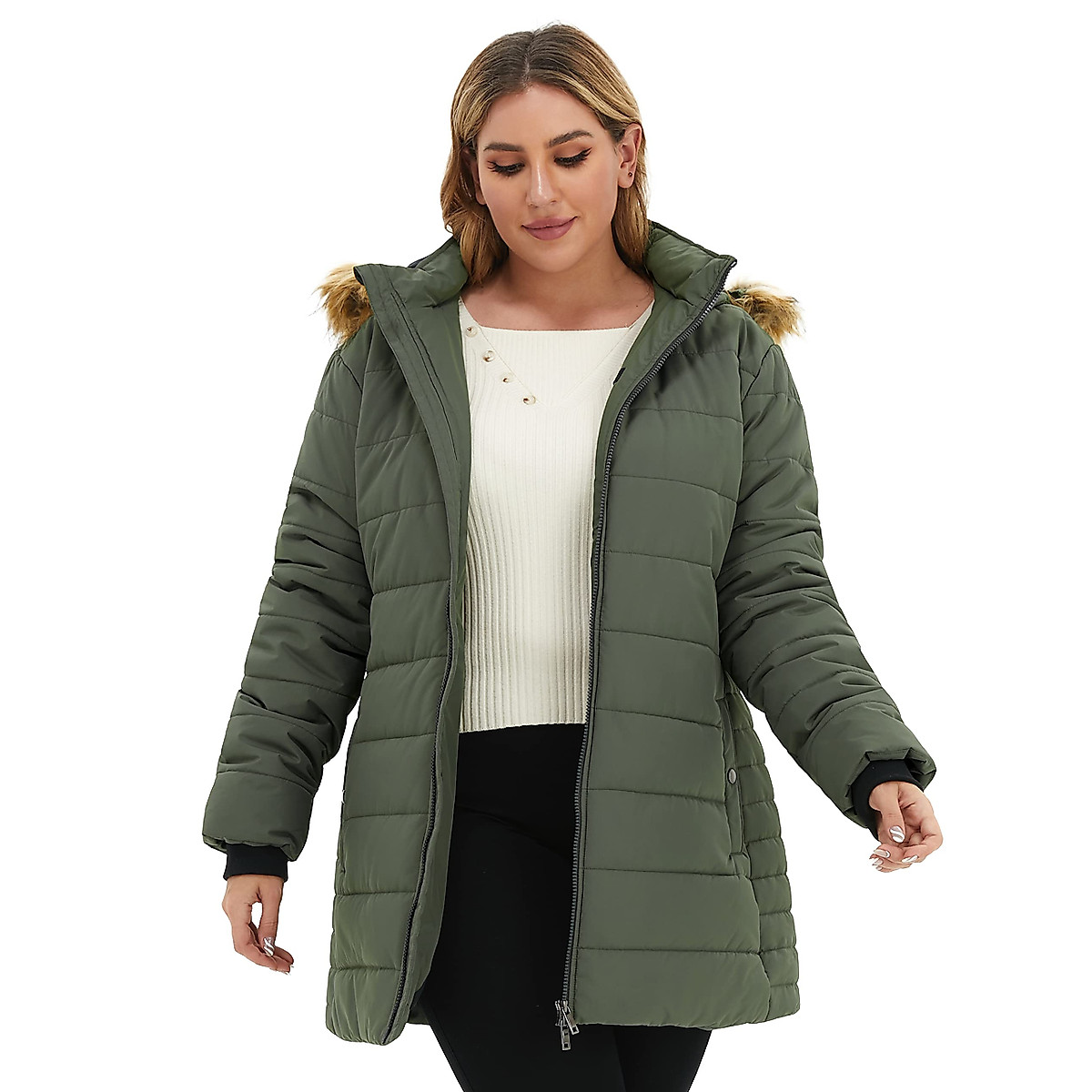 Soularge Women's Plus Size Winter Hooded Coat with Detachable (Army green, 3X)