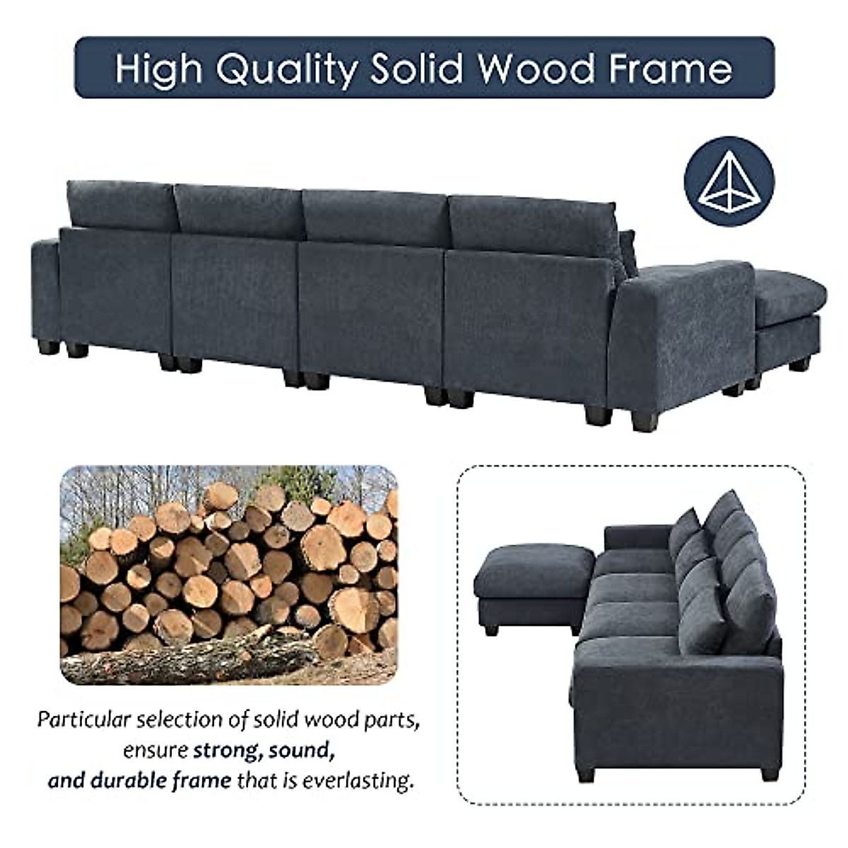 130" L-Shaped Convertible Modular Sectional Sofa with Reversible Chaise, Feather Filled, 5-Seat, 4 Pillows