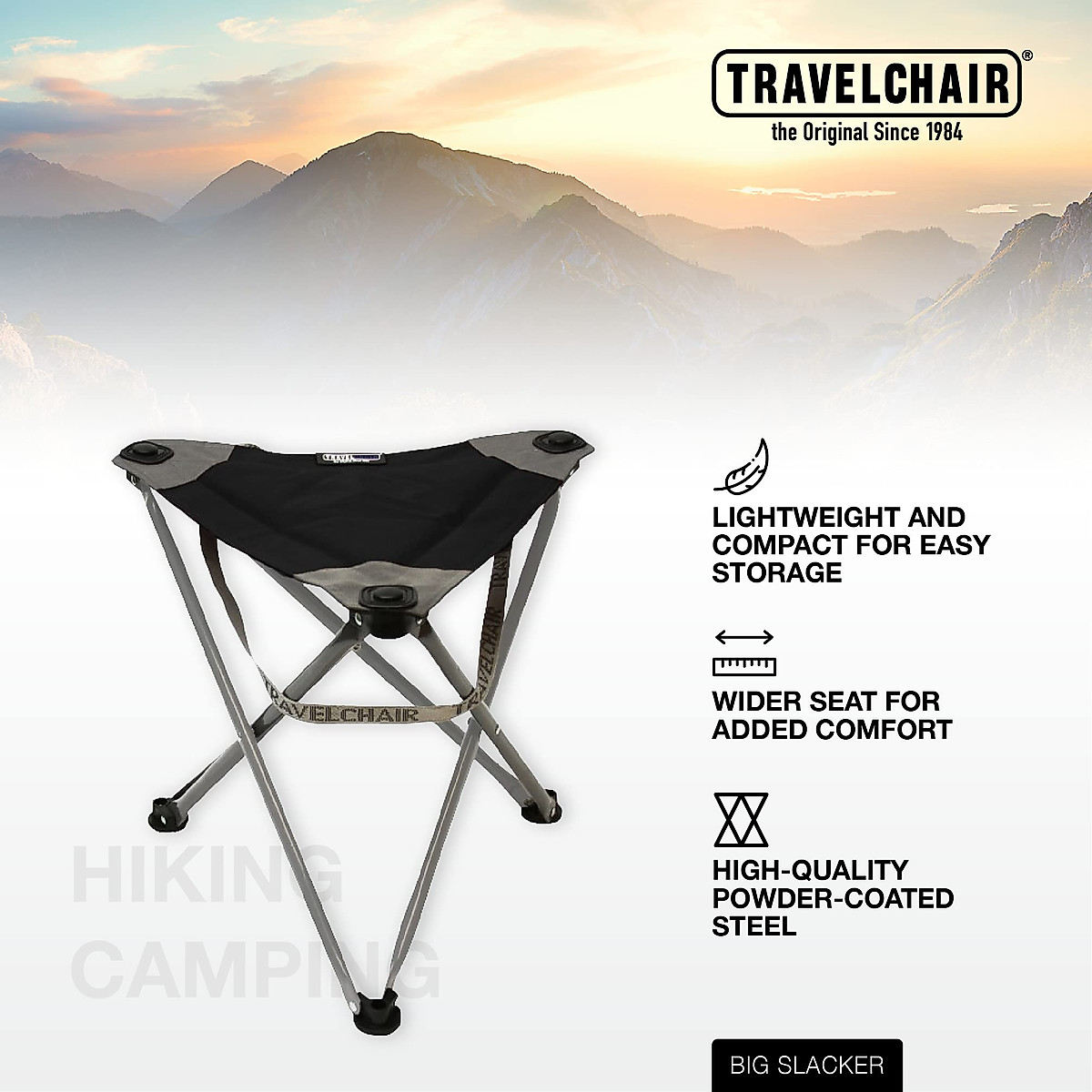 Travel Chair Big Slacker Stool, Portable Tripod Chair for Outdoor Adventures, Folding Travel Stool, Black