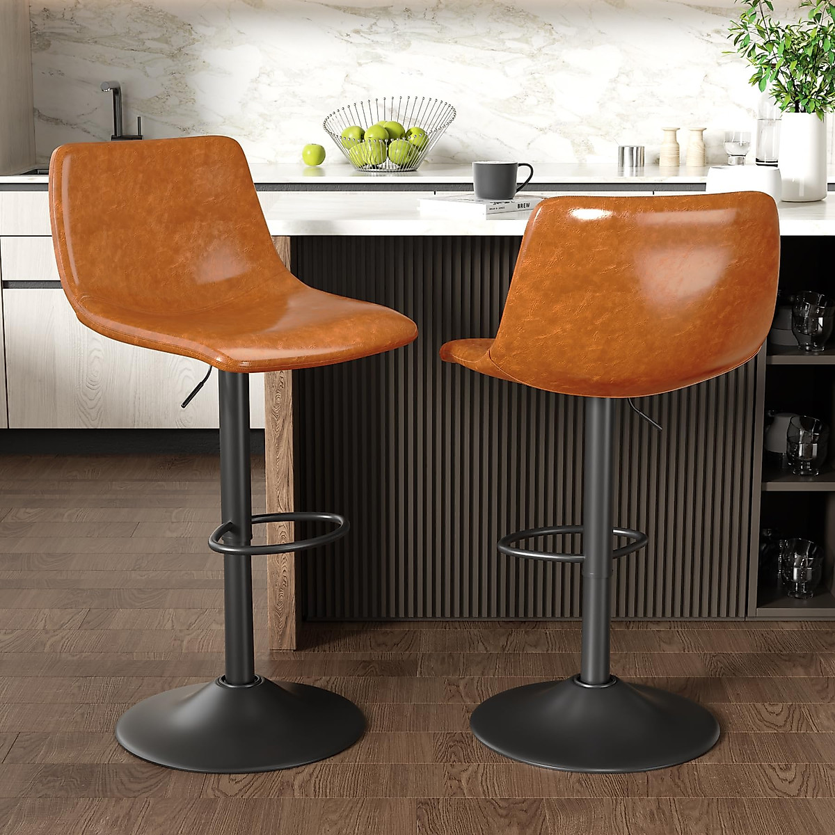 Nalupatio Bar Stools Set of 2, Modern PU Leather Adjustable Swivel Bar Stool, Counter Height Barstools for Home Kitchen Island, Brown