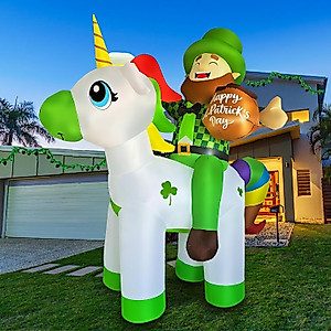 BLOWOUT FUN 6ft Inflatable St Patricks Day Leprechaun Riding Unicorn Decoration LED Blow Up Lighted Decor Indoor Outdoor Holiday Art Decor