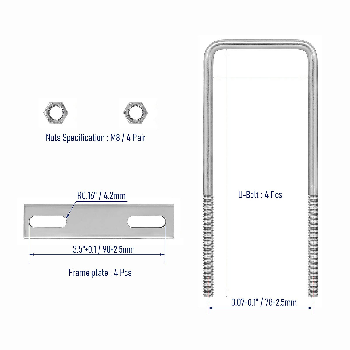 FOCMKEAS 4 Sets 304 Stainless Steel Square U-Bolts 2-3/4"(70mm)Inner Width, 7.09"(180mm)Length Stainless M8 with Nuts, Frame Plate, Accessories for Automobiles Trailer, Boat Trailer Industrial Parts