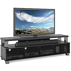 BOWERY HILL TV Stand for 80 Inch TV, Entertainment Console with Storage Shelf for Living Room, Tempered Glass Top and Wood, Black