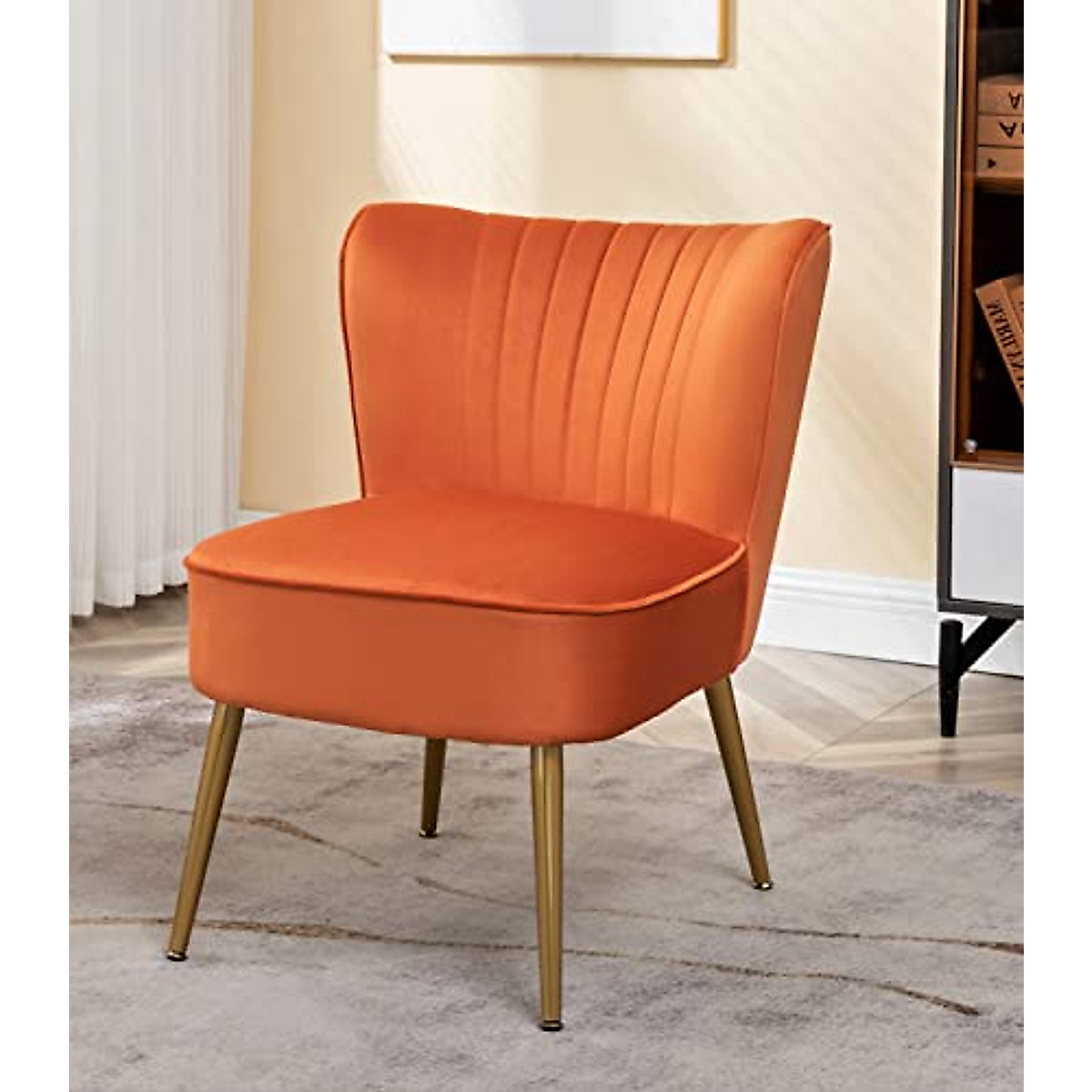 US Pride Modern Furniture Velvet Accent Chair for Living Room, Bedroom, or Entryway - Stylish and Comfortable Armless Design with Metal Legs, Orange Red