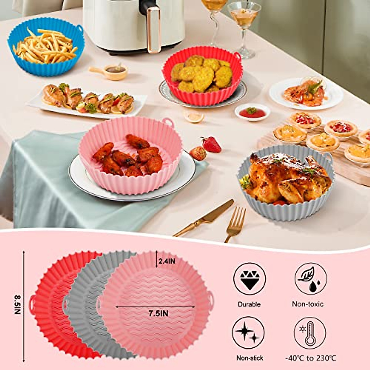 Air Fryer Silicone Liners Reusable: Ctizne 3Pcs 7.5In Silicone Pot for Air Fryer Basket, Replacement of Disposable Parchment, Airfryer Accessories for 5Qt 6Qt 7Qt Ninja Air Fryer