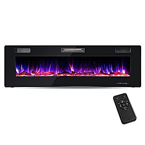 COSTWAY 60 Inches Ultra-thin Electric Fireplace, 750W/1500W Recessed & Wall Mounted Electric Fireplace with Remote Control, Timer, Log & Decorative Crystals, Adjustable Flame Color, Brightness, Speed 