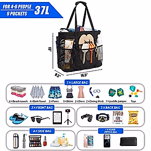 Beach Bag for Women Beach Tote Waterproof Sandproof Mesh Swim Pool Bag Large Foldable Travel Grocery Utility Bag Zipper, Black With Zipper, XL