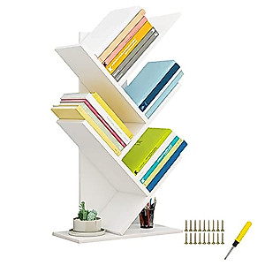 QUMENEY Tree Bookshelf, 5 Shelf Display Bookcase,Tree Bookcase for Books/CDs/Albums/Files Holder, Free Standing Book Shelves Organizer for Office，Bedroom, Living Room (White)