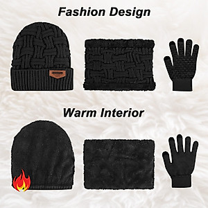 3-Pieces Winter Beanie Hat Scarf and Touch Screen Gloves Set Warm Knit Skull Cap Gifts for Men Women,Black