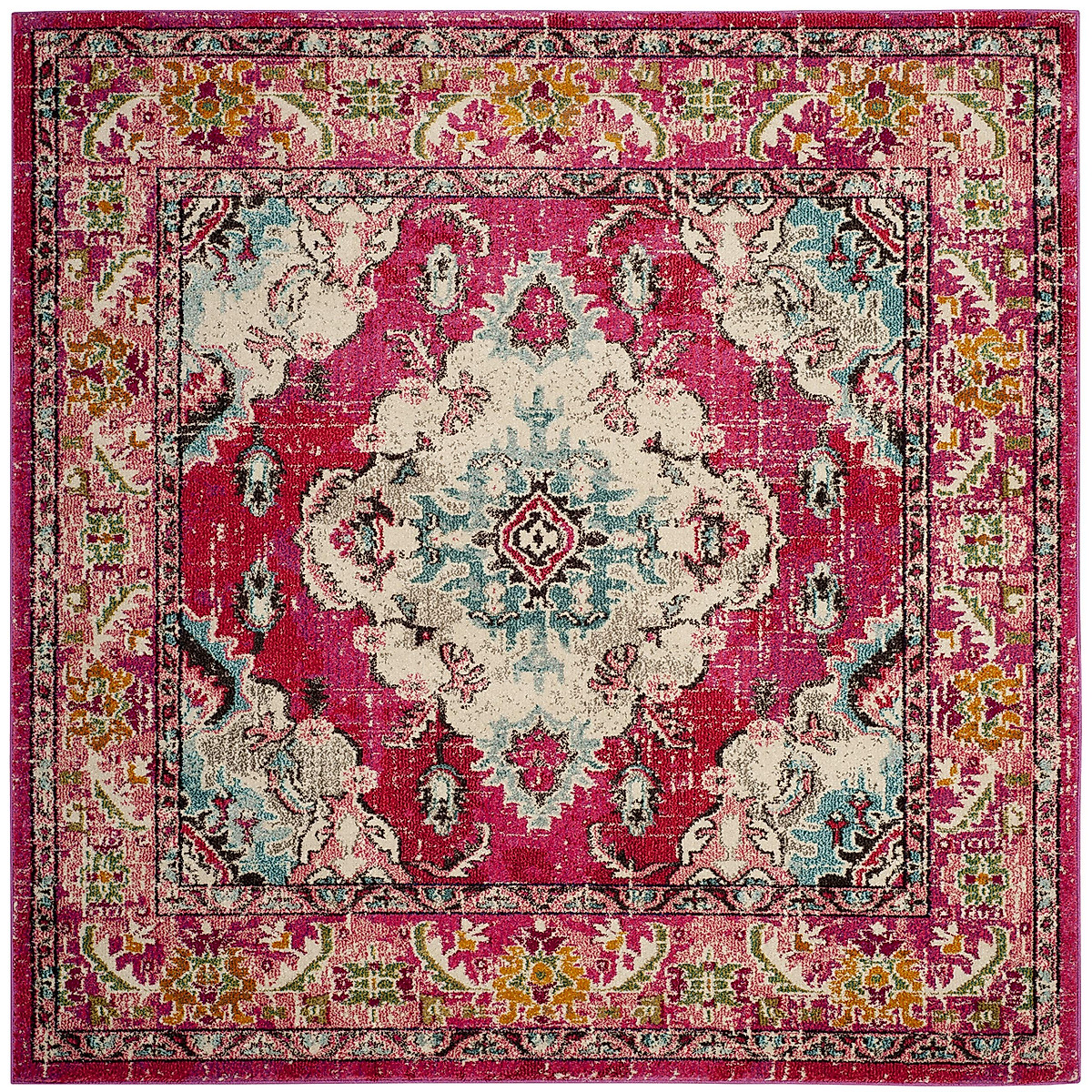 SAFAVIEH Monaco Collection Area Rug - 8'8" Square, Pink & Multi, Boho Chic Medallion Distressed Design, Non-Shedding & Easy Care, Ideal for High Traffic Areas in Living Room, Bedroom (MNC243D)