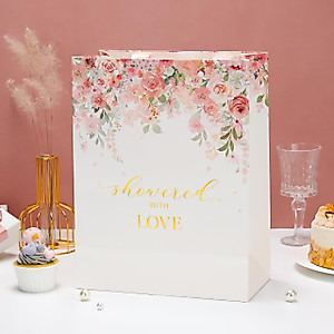 Crisky 13" Large Bridal Shower Bag with Bridal Shower Card Flower (Showered with Love) Gift Bag with Tissue Paper, Gift Card for Wedding, Bridal Shower, Engagement Party
