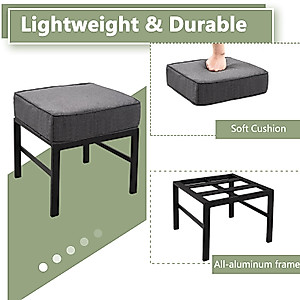 Auzfy 2 Pieces Outdoor Ottomans for Patio, Assembled Aluminum Outdoor Ottoman with Gray Cushions, Aluminum Small Outdoor Foot Stools for Patio Porch Yard Garden Deck, Black Frame