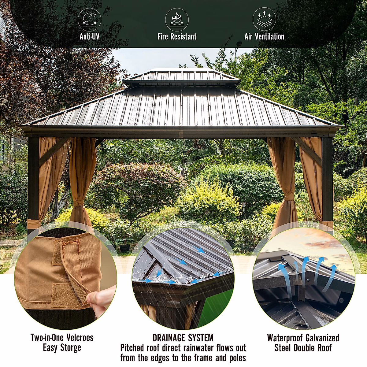 MFSTUDIO 10' x 12' Hardtop Gazebo with Curtains and Netting,Outdoor Polycarbonate Double Roof Canopy, Aluminum Frame Permanent Pavilion for Patios,Gardens,Lawns (Brown)