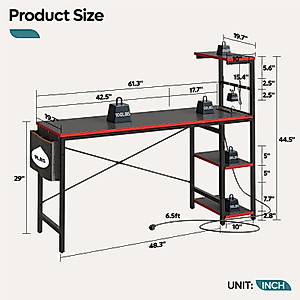 Bestier Gaming Desk with Power Outlets, 61 Inch Large Led Gamer Desk with 4 Tiers Reversible Shelves, PC Gaming Table with Headset Hook & Side Storage Bag for Bedroom (Black 3D Carbon Fiber)