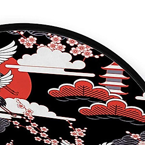 Kuizee Round Area Rug Mat Japanese Decoration Crane Plum Blossom Black Red Living Room Bedroom Bathroom Kitchen Home Decor Coral Velvet Non-Slip Round Carpet 36.2 Inch