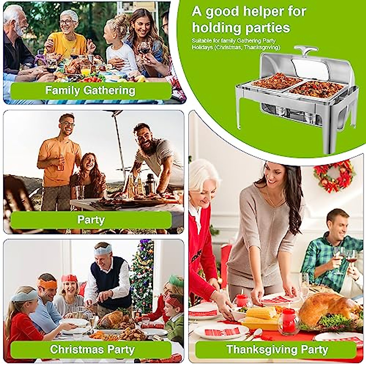 Vudex Rectangular Roll Top Chafing Dish Buffet Set, Catering Food Warmer for Parties, Half Full Size & 3 Party-Size Chafing Server Dish, 14QT Water Pan for Birthday Party Thanks Giving New Year Party