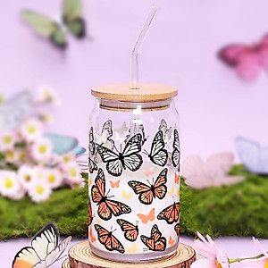 Nefelibata Monarch Butterfly Beer Can Glass Color Changing Iced Coffee Glass 16 OZ Orange Butterflies Art Glass Mug Present with Lid Drinking Straw Spring Summer Memorial Gifts for Mom Aunt Friend