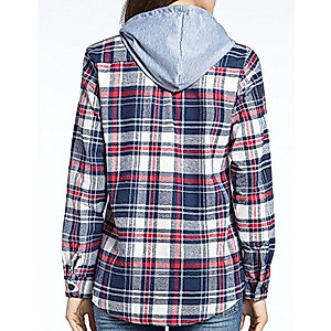 BOMDEALS Women's Classic Plaid Cotton Hoodie Button-up Check Shirts (M,Gray)