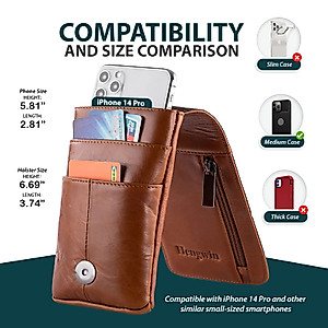 Hengwin Phone Belt Pouch fits for iPhone XR 15 14 13 12 11 Pro S23 Holster Wallet Case with Belt Clip Belt Loop Leather Cell Phone Purse Belt Bag for Men (Fits for Phone with Medium Case on) (Brown)