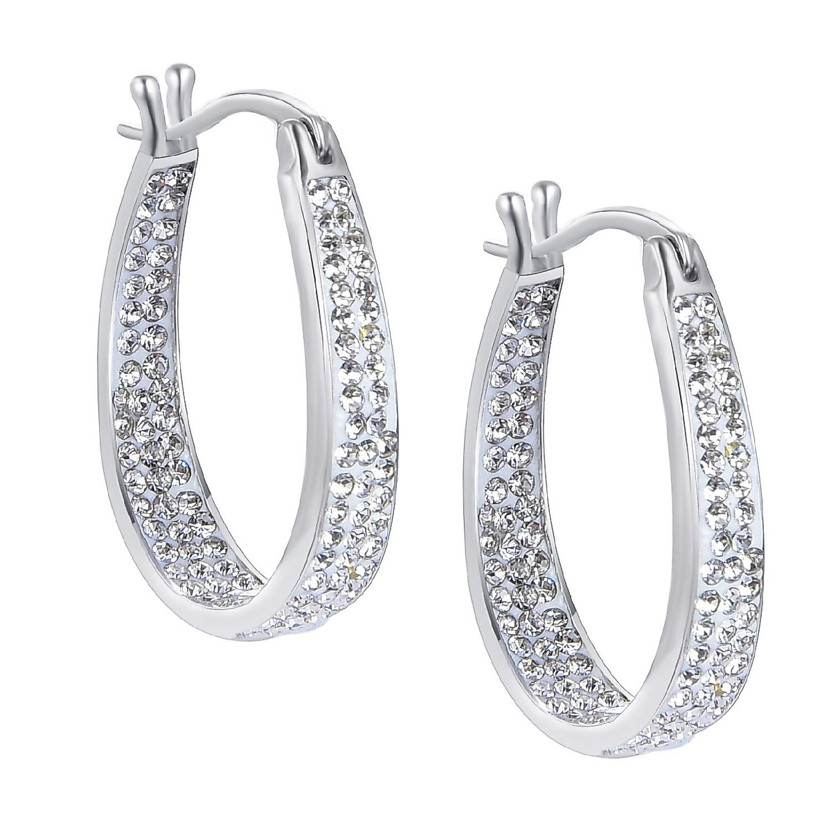 Crystal Hoop Earrings - Silver Plated Inside Out Oval Shape Hoop Earrings for Women, 1.2 Inch (White)
