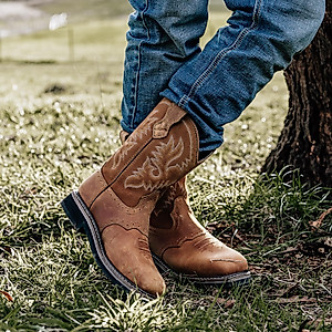 HISEA NINGO Men's Western Cowboy Boots Square Toe Steel/Soft Toe Work Boots Men's Safety Toe Leather Work Boots