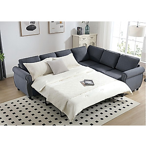 Plococo Sleeper Sofa with Queen Mattress, 2 in 1 Pull Out Couch Bed,6 Seater Sofa Bed, L Shaped Sleeper Sectional Sofa Couch,Riveted Sofa,104'' Large Combined Sofa in Living Room (Gray)