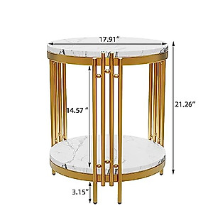 Aklaus Round End Table,Round Side Table with White Faux Marble Top,Bed Side Table/NightStand with Storage Shelves,Gold Side Table End Table Indoor for Living Room Bedroom Balcony SofaCouch Hall