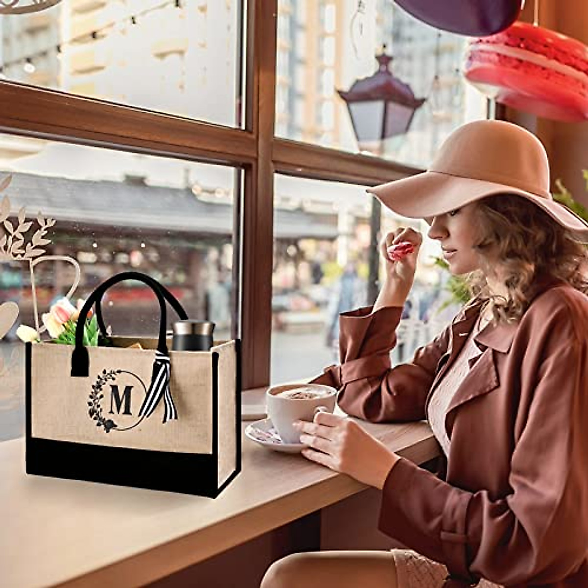 Yougeigy Initial Canvas Beach Bag, Canvas Tote Bag with Zipper Pocket, Embroidery Monogrammed Personalized Gift Bag for Mother Teacher, Bridesmaid Gifts for Women Friends(Letter M)