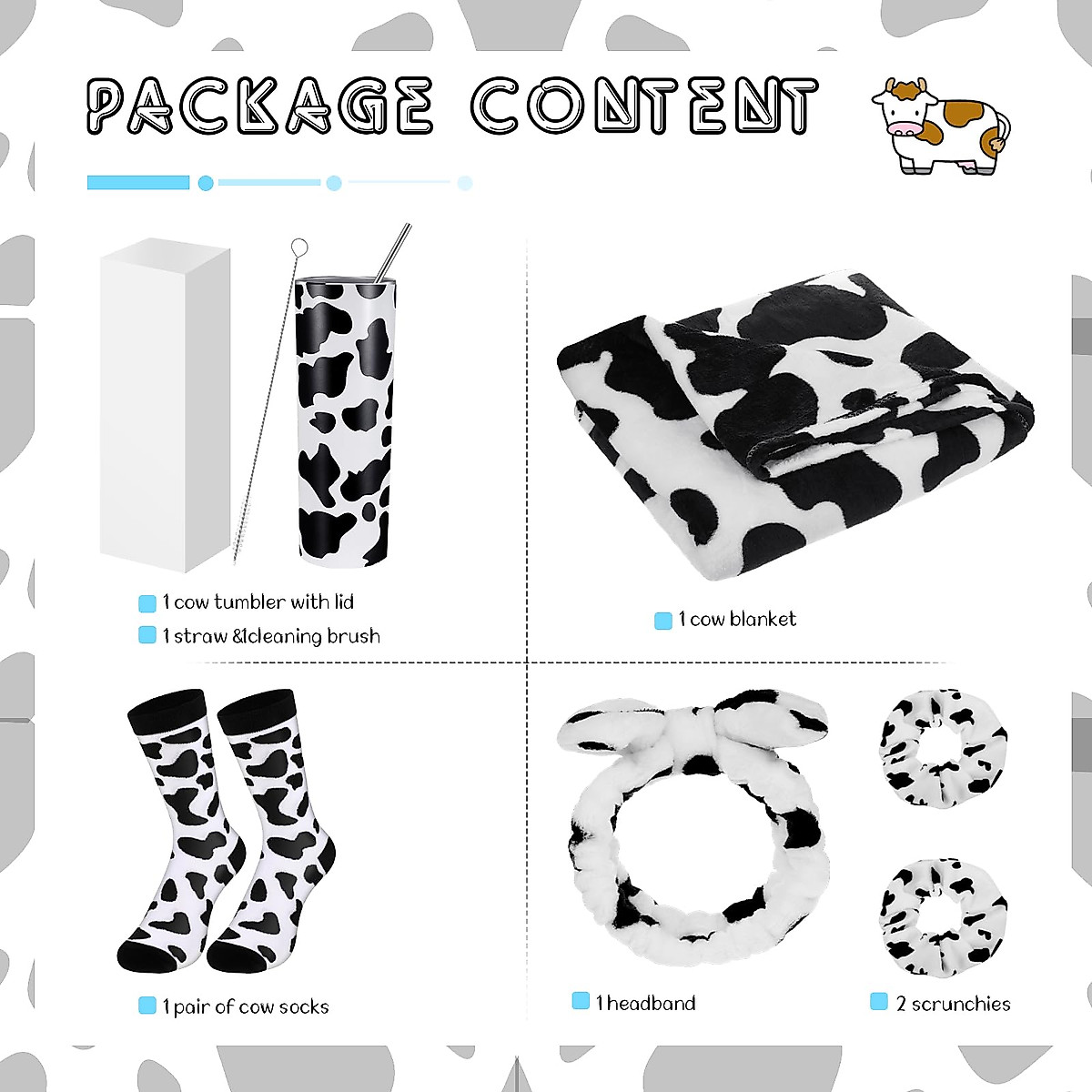 Uiifan 6 Pcs Cow Gifts for Women 20 oz Stainless Steel Tumbler Throw Blanket Sock Birthday Gifts for Animal Lover(Black Cow)