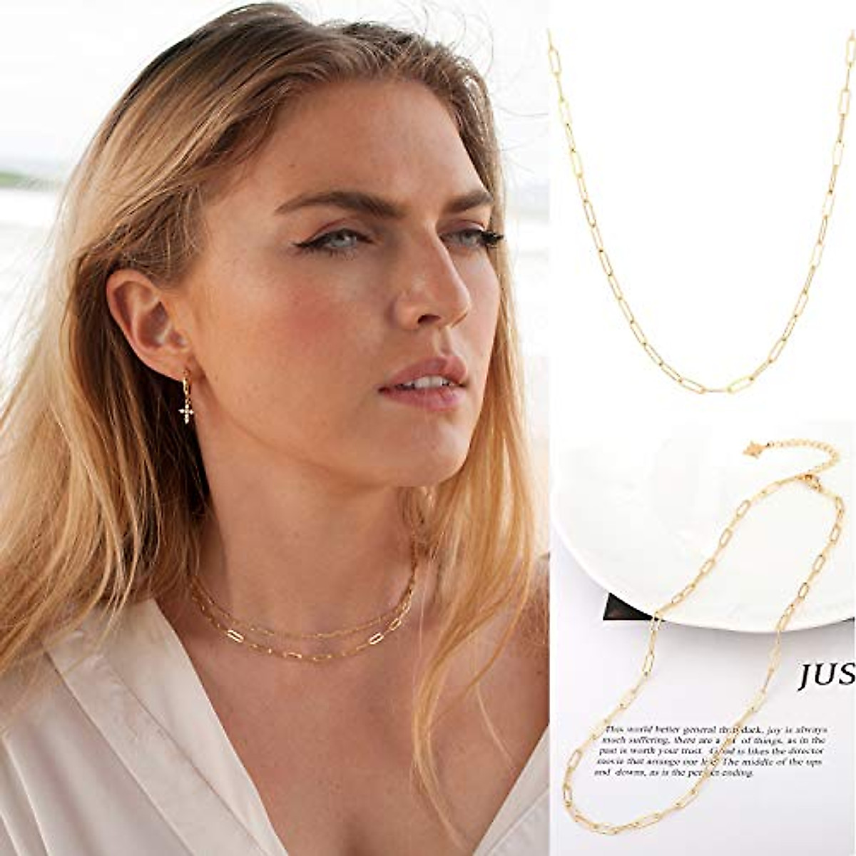 Aobei Pearl 18k Gold Oval Link Chain Choker Paperclip Necklace North Star Charm Short Adjustable Layering Necklace Minimalist Jewelry for Women 16’’