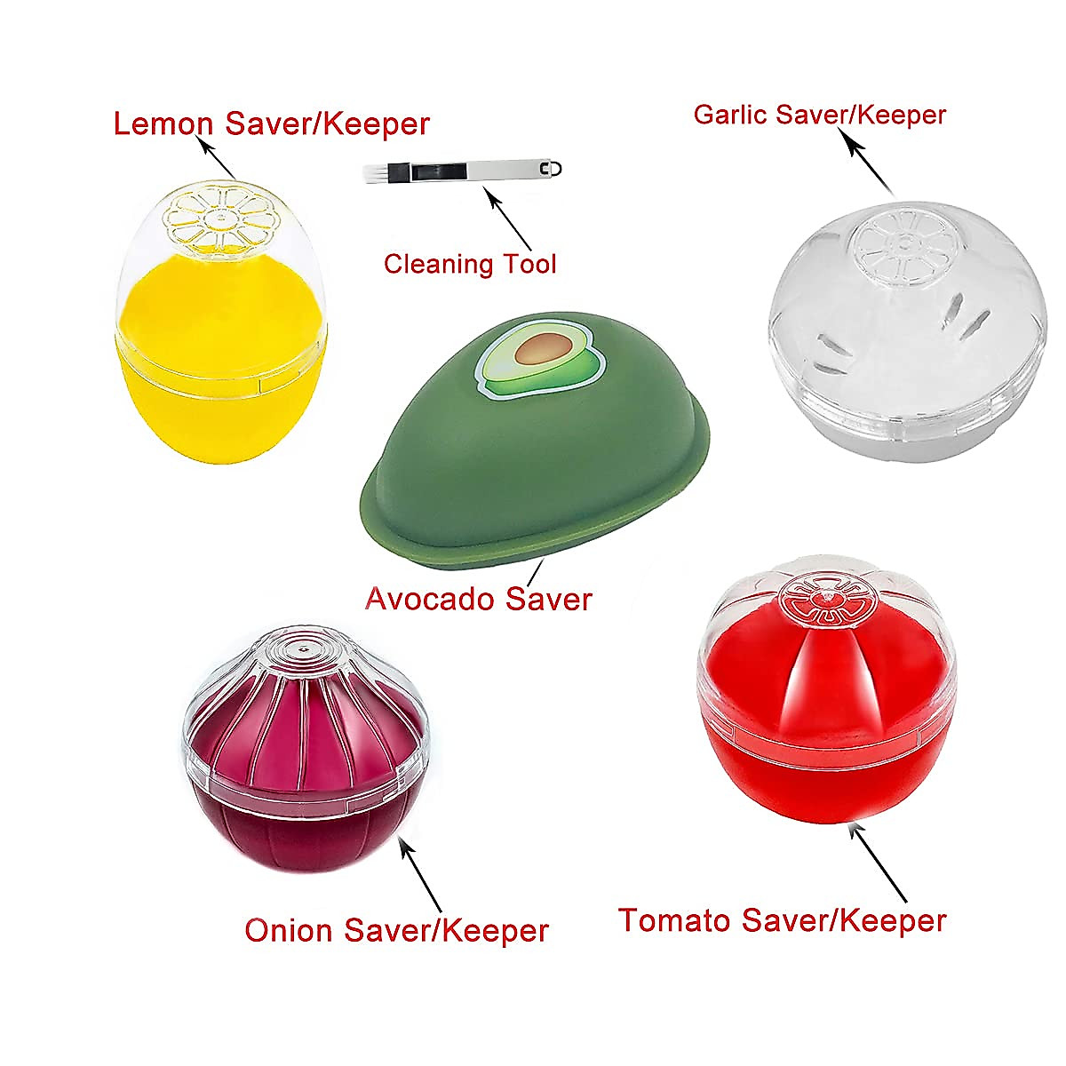 Yamesu Onion Garlic Lemon Avocado Storage Keeper Holder for Fridge, BPA Free Tomato Vegetable Shaped Food Saver/Storage Containers, 5-piece Set Bundle with a Brush