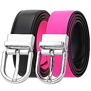 Falari Women Reversible Belt Genuine Leather Fashion Dress Belt With Single Prong Buckle 6027 (Black/Hot Pink, L (fit waist 26-38))